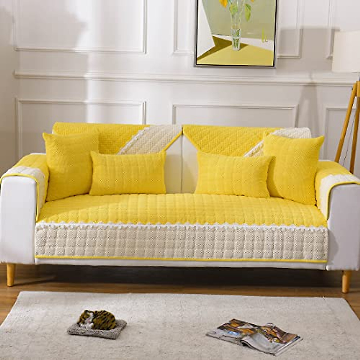 vctops Soft Corduroy Sofa Couch Cover, Plaid Sectional Couch Covers, Non-Slip Sofa Slipcover for Dogs Cats Kids(Yellow,43"x94")