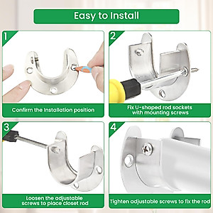 LAHONI 6PCS Closet Shelf & Rod Bracket, U-Shaped Closet Rod End Supports Set, Closet Pole Sockets Kit, Stainless Steel Closet Rod Holders for Hanging Clothes, Curtains, Shower Rods, Wardrobe, Wall