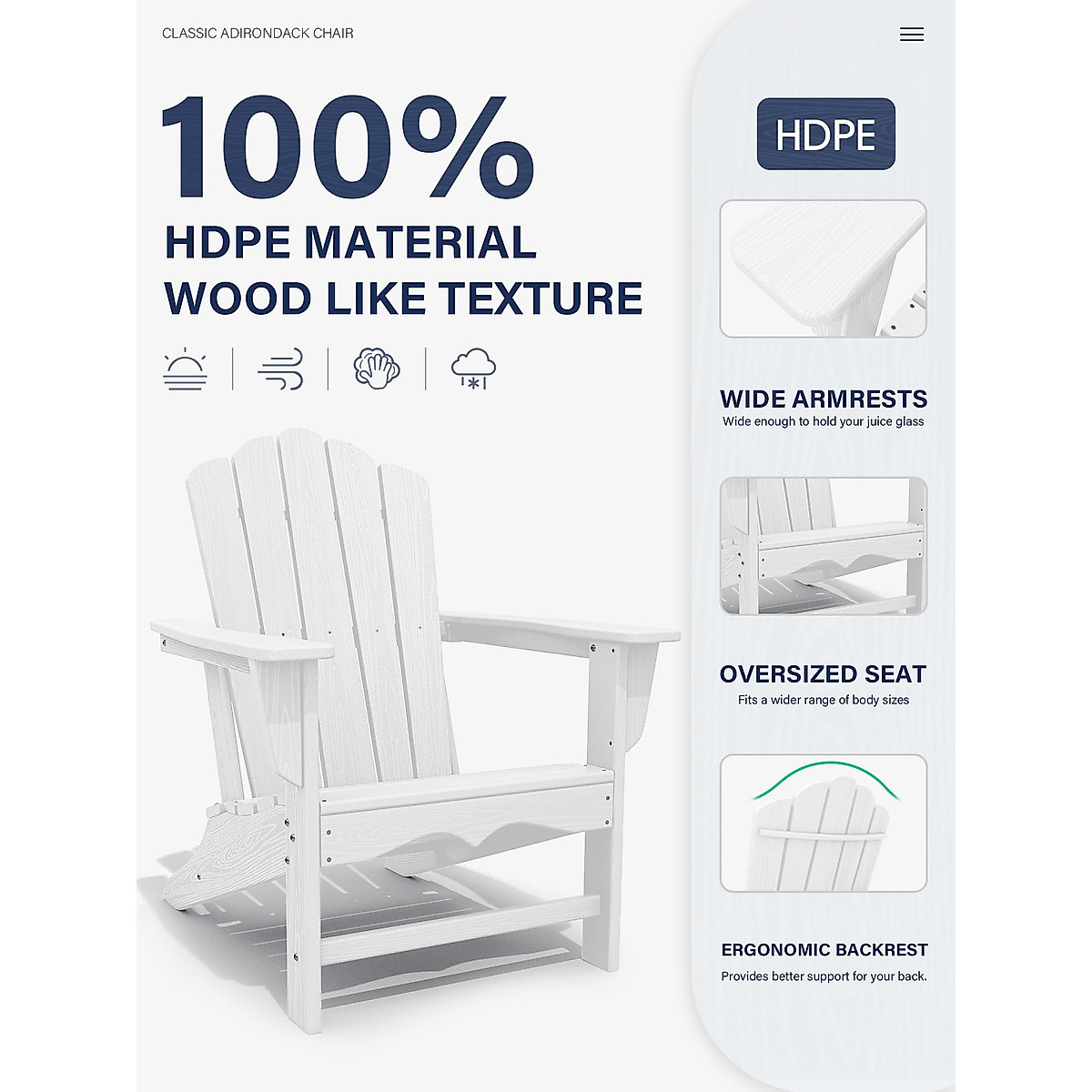 KINGYES HDPE Adirondack Chair, Classic All-Weather Outdoor Patio Adirondack Chair, White