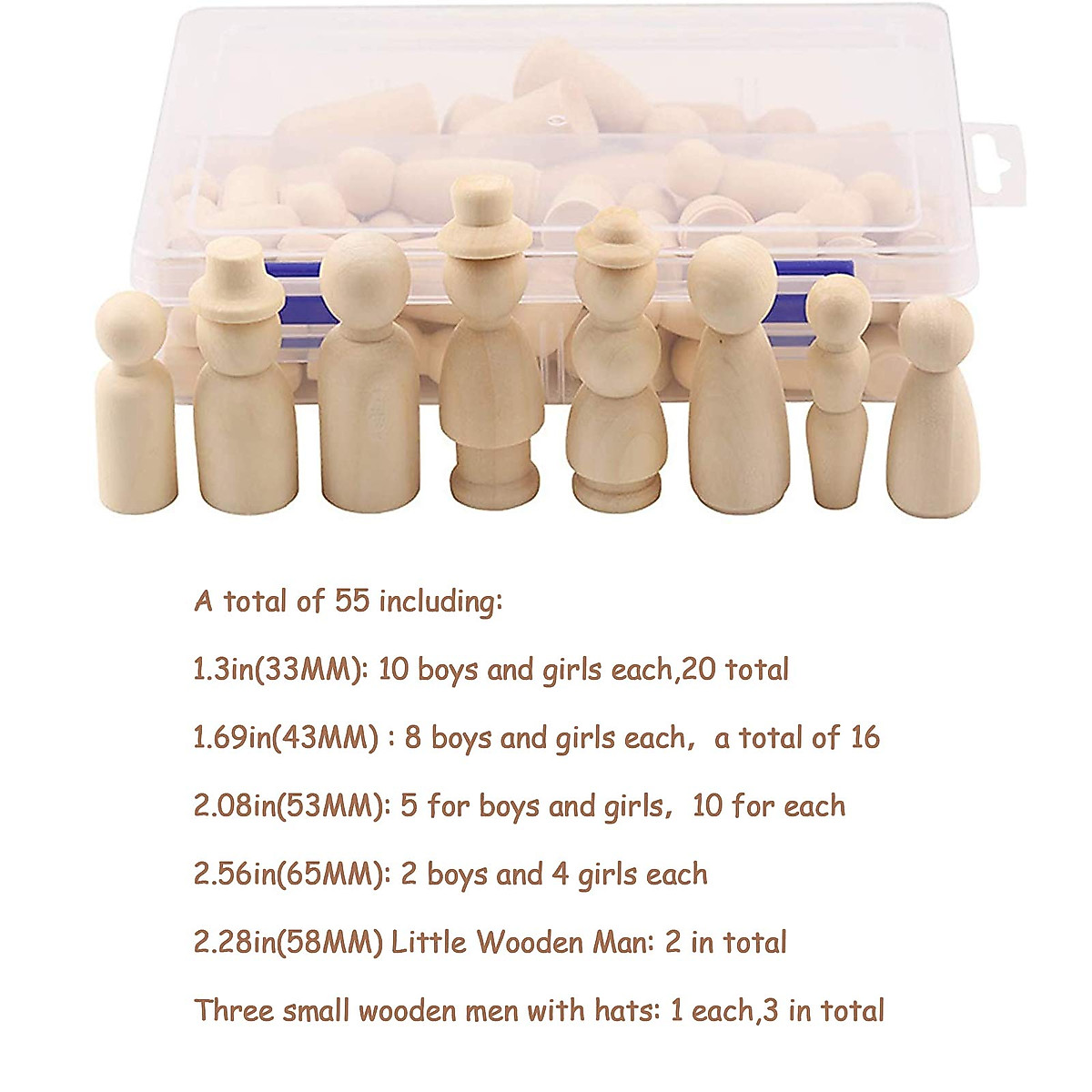GACYSMD Wooden Peg Dolls Set 55pcs of Natural Unfinished Peg People Family, Unpainted Wooden Peg Dolls Unfinished Figures Mini peg People Wooden for Arts and Crafts