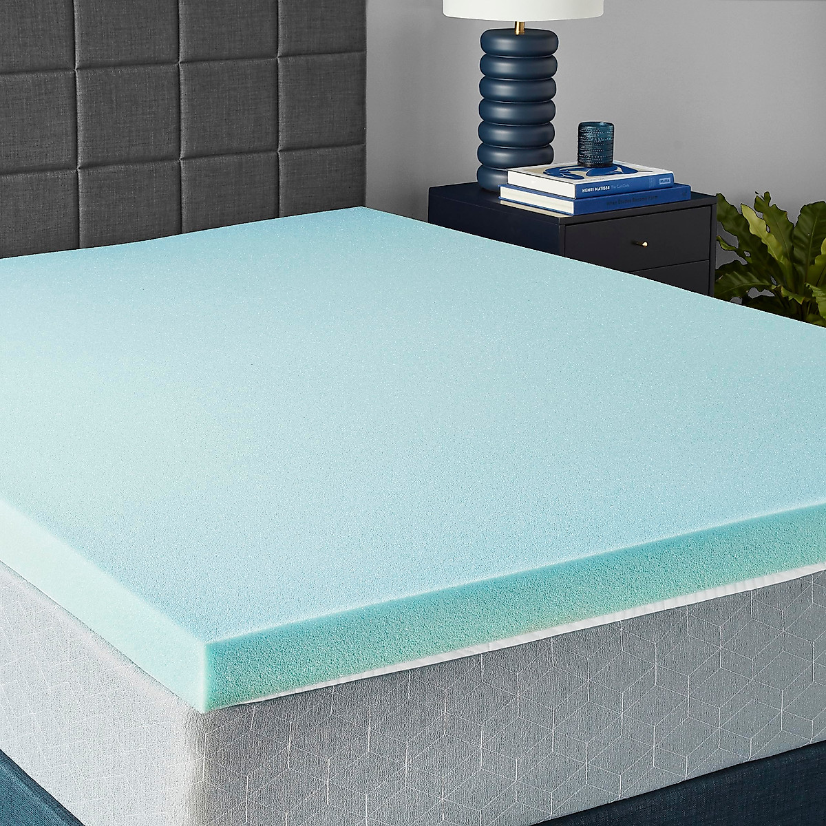 Amazon Basics Cooling Gel-Infused Memory Foam Mattress Topper, CertiPUR-US Certified, 3 Inches, Queen, Blue