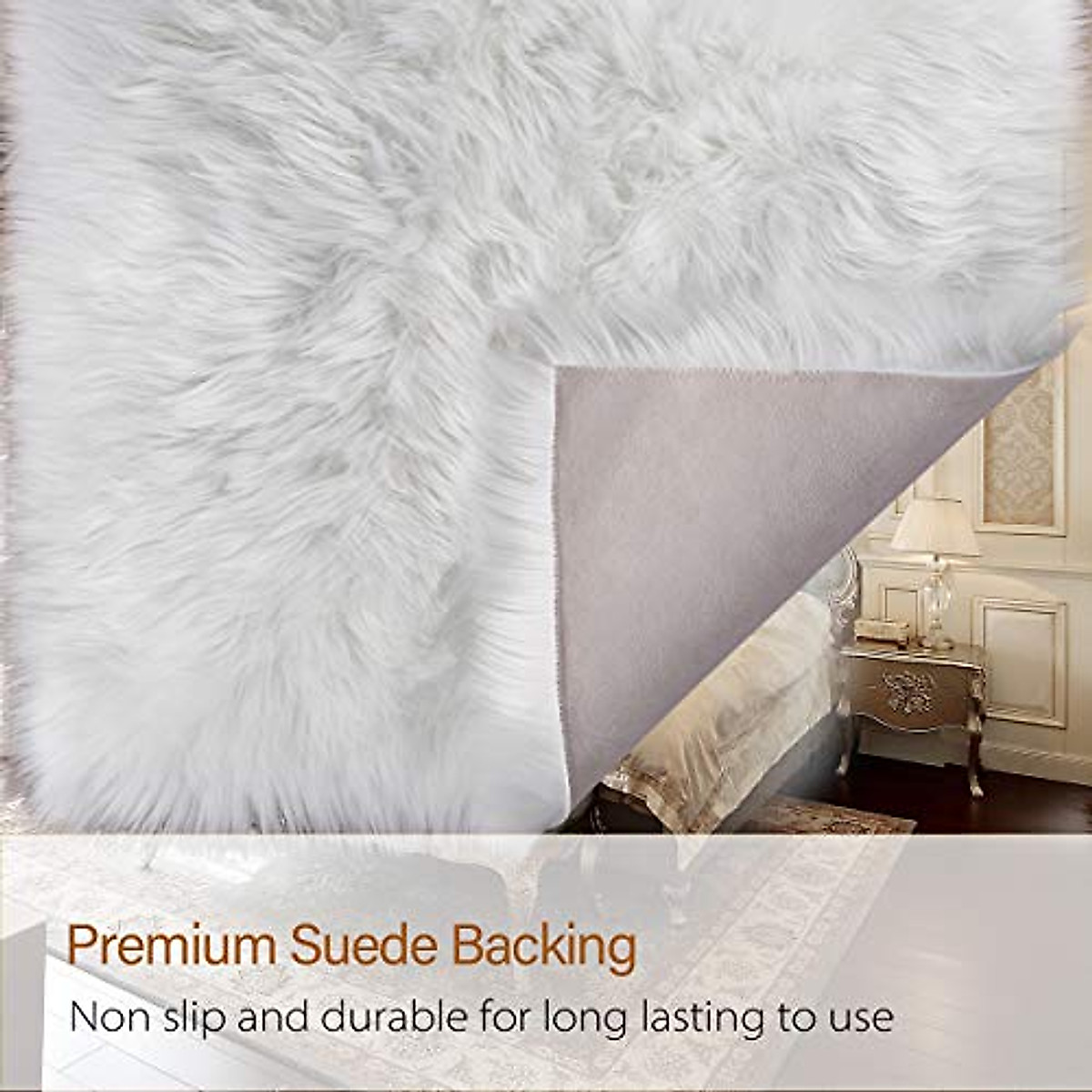 LOCHAS Deluxe Super Soft Fluffy Shaggy Home Decor Faux Sheepskin Rug for Bedroom Floor Sofa Chair, Chair Cover Seat Pad Couch Pad Area Carpet, 2ft x 3ft, Ivory White