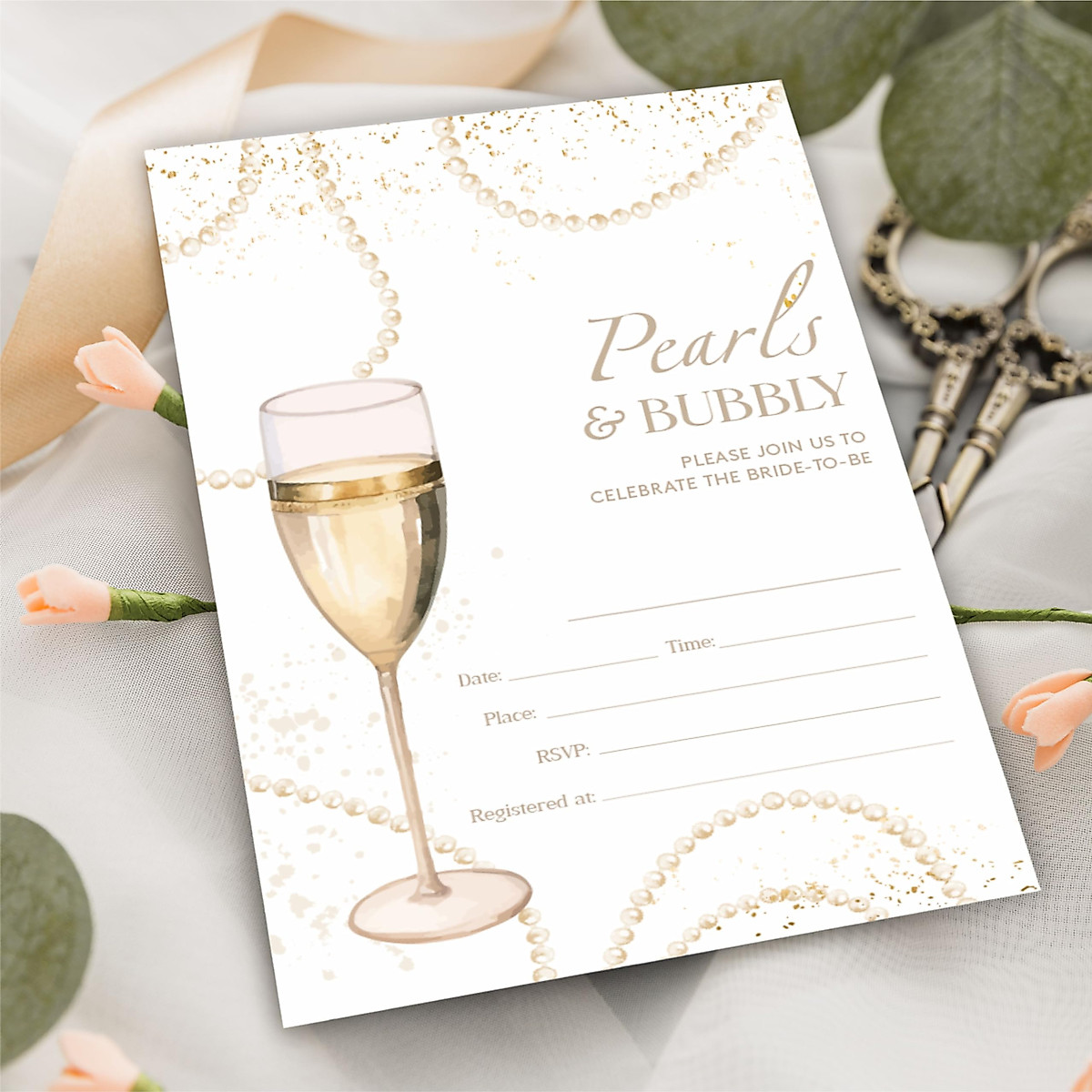 YKYENR Bridal Shower Invitations - Pearls & Bubbly - 4 x 6 Inches Invites (25 Cards & Envelopes) For Wedding Showers, Newlyweds Parties And Receptions - A08