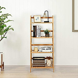 DORTALA 4-Tier Ladder Shelf, Rustic Bookcase w/Solid Bamboo Structure, Free Standing Storage Bookshelf for Living Room, Kitchen, Office, Multipurpose Plant Flower Stand, Natural