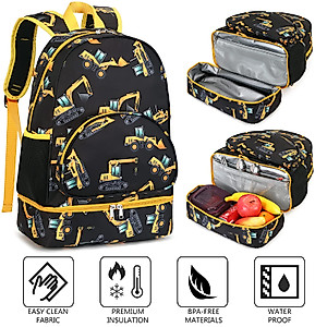 LEDAOU Kids School Backpack with Lunch Cooler Compartment 2 in 1 Boys Girls Bookbag and Insulated Lunch Bag for Preschool Kindergarten Elementary (Construction Vehicle)