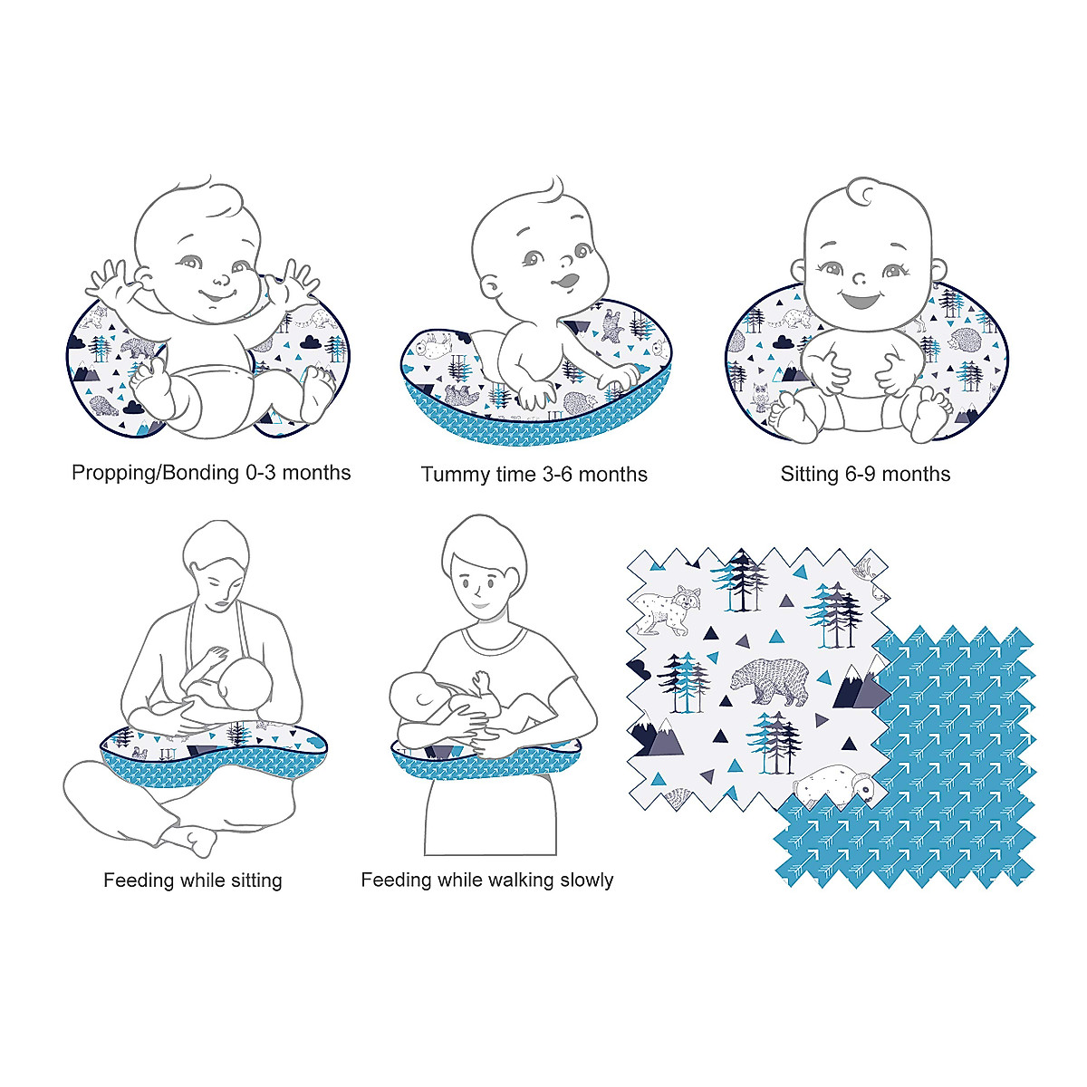 Bacati Woodlands Boys Cotton Nursing Pillow Cover, Aqua/Navy/Grey