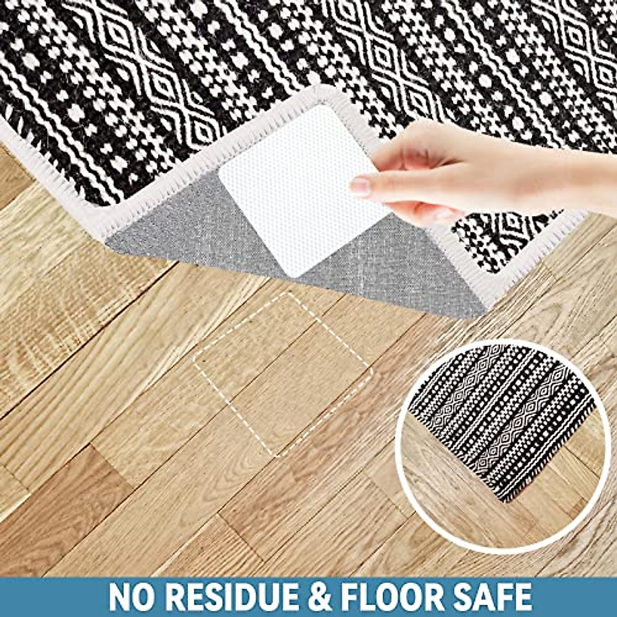 Rug Pad Grippers (New Tech 2022), 4PCS Resusable Washable Rug Tape on Hardwood Floors & Tiles, Dual Sided Adhesive Non Slip Rug Pads, Extra Strong Grippers for Area Rugs to Keep Flat and in Place