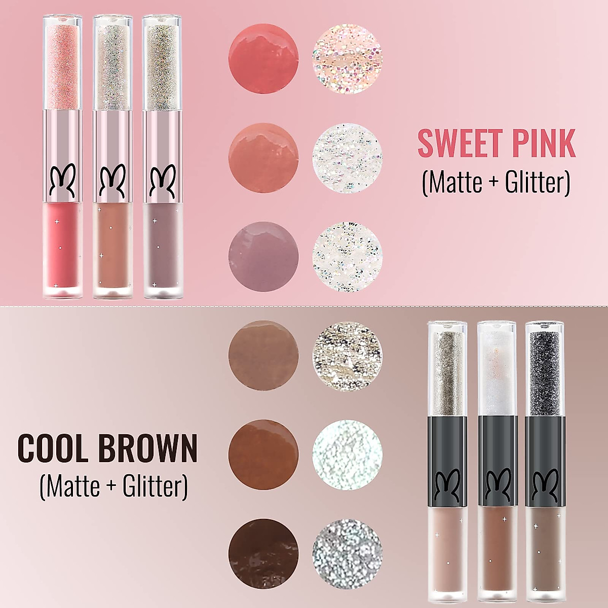 Erinde [6PCS Liquid Glitter Matte Eyeshadow, Liquid Glitter Eyeliner and Matte Cream Eyeshadow 2 in 1, Quick Drying, Easy to Apply, Long Lasting Korean Shimmer Matte Eyeshadow Christmas Eye Makeup