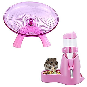 3 in 1 Hamster Water Bottle + Flying Saucer Exercise Wheel for Dwarf Hamster Mouse Rat Hedgehog (Pink)