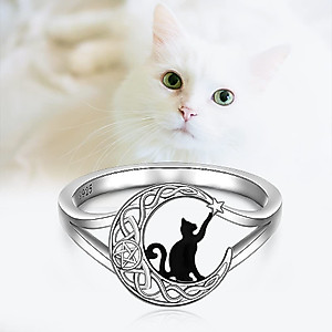 Celtic Knot Cat Ring Thumb Black Matching Cat Sterling Silver Rings for Women Animal Pentagram Pentacle Halloween Cats Lover Gifts Size 10