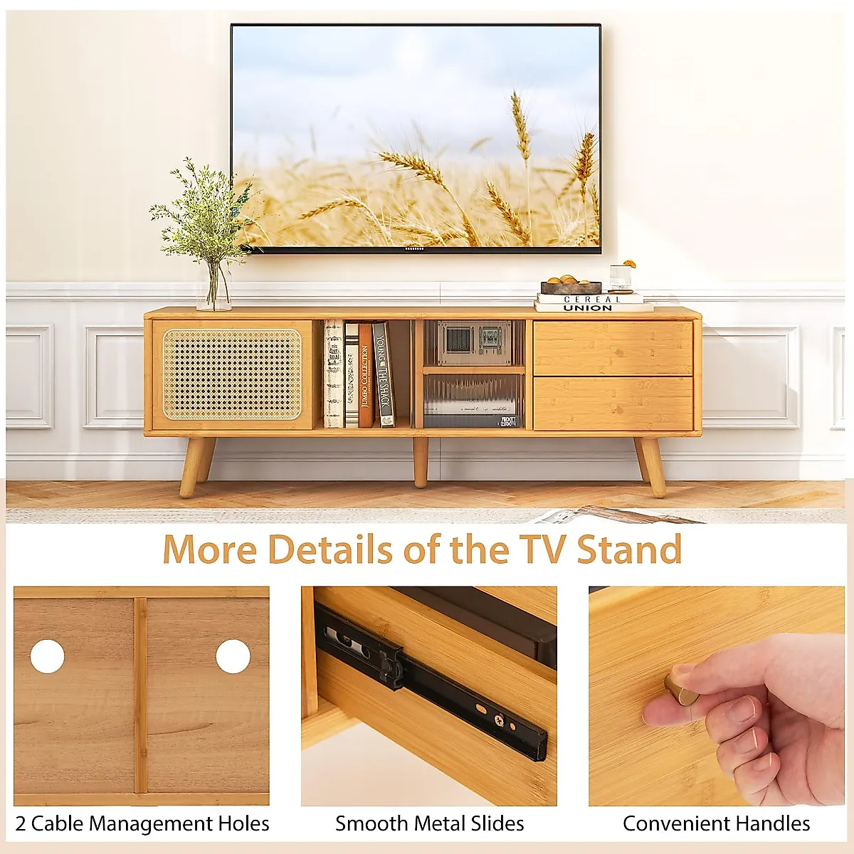 Tangkula Mid Century Modern TV Stand for TVs up to 65", Bamboo Entertainment Center w/Glass & PE Rattan Sliding Doors, 2 Drawers, Adjustable Shelf, Wood Legs, Media Console for Living Room