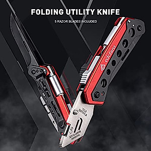 edcfans Folding Utility Knife Box Cutter with 5 Razor Blades, Screwdriver, Saw, Fruit Knife, Lock Design, Pocket Clip and Holder for Belt, EDC Heavy Duty Work Knifes, Gift for Men Dad Him