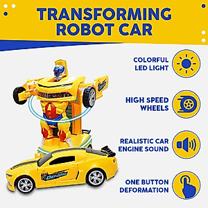 Toysery Transforming Robot Car - One Button Transformation Toy Car with Realistic Engine Sounds, LED Lights and 360 Degree Rotation Speed Drifting Function