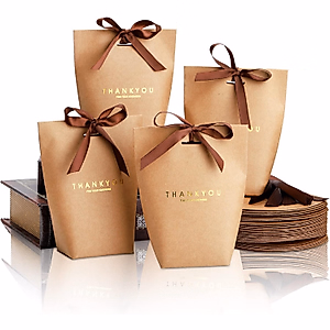 Frcctre 40 Pack Thank You Gift Bags with Ribbons, 3.1"X2.3"X 6.5" Kraft Paper Gift Wrap Boxes Party Favor Treat Bags Goody Bags Candy Cookie Bags for Wedding Bridal Shower Birthday Party