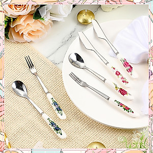 Dandat 72 Pcs Dessert Silverware Set Tea Party Stainless Steel Dinner Flatware Bulk Wedding Dessert Spoons Knives Forks with Ceramic Handle for Spring Coffee Salad Cake Tea Party Gifts, Service for 24