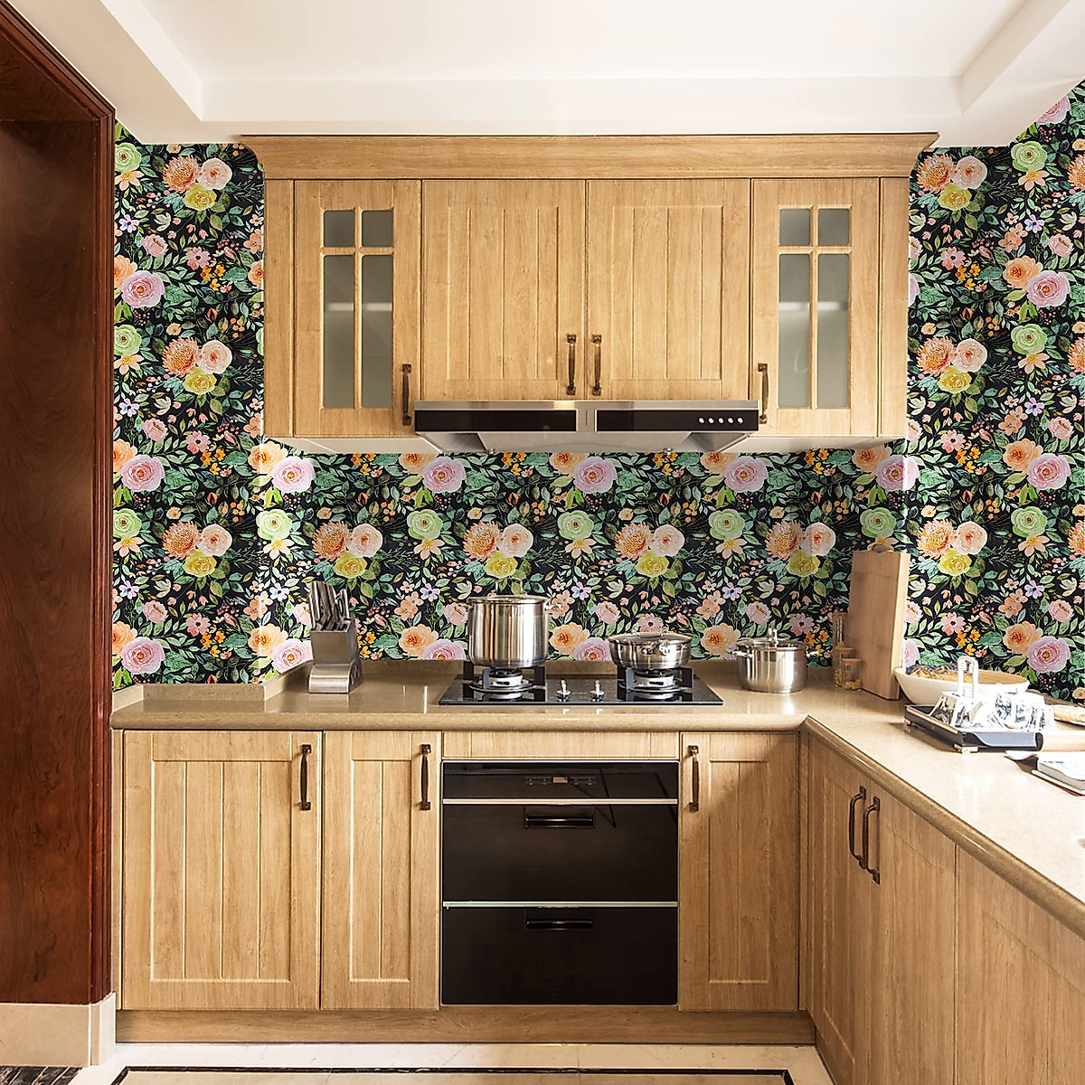 Beautysaid Wallpaper Peel and Stick Floral：Boho Textured Wall Paper for Bedroom Bathroom Renter Friendly Waterproof Pink Watercolor Modern Wallpaper for Kitchen Cabinet(Black,17.5x118 inch)