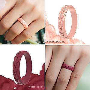 ThunderFit Silicone Wedding Rings for Women, Leaf Design Rubber Engagement Bands 5.2mm Wide 2mm Thick - 1/4/7 Variety Multipack (Dark Red, Rose Gold A, Black, Marble - Size 8.5-9 (18.9mm))