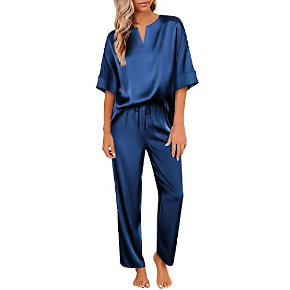 Ekouaer Women's Satin Pajamas Set Soft Short Sleeve Loungewear Two Piece Silky Long Pant Pjs Set Navy Blue