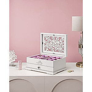 SONGMICS Jewelry Box, 2-Tier Jewelry Organizer with Flower Carvings, Drawer, Gift for Loved Ones, Kids, Jewelry Storage Case for Rings, Earrings, Necklaces, Bracelets, White UJOW201