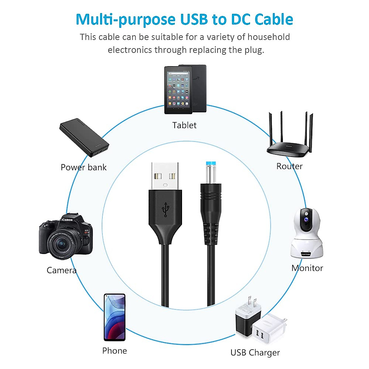 Basicvolt Universal Power Cable USB-A Cable with 14 Interchangeable Connectors 5V USB Charging Cable Compatible with PS3 PS4 Controller Digital Camera Smart Phone Go Pro Pad Speaker Xbox