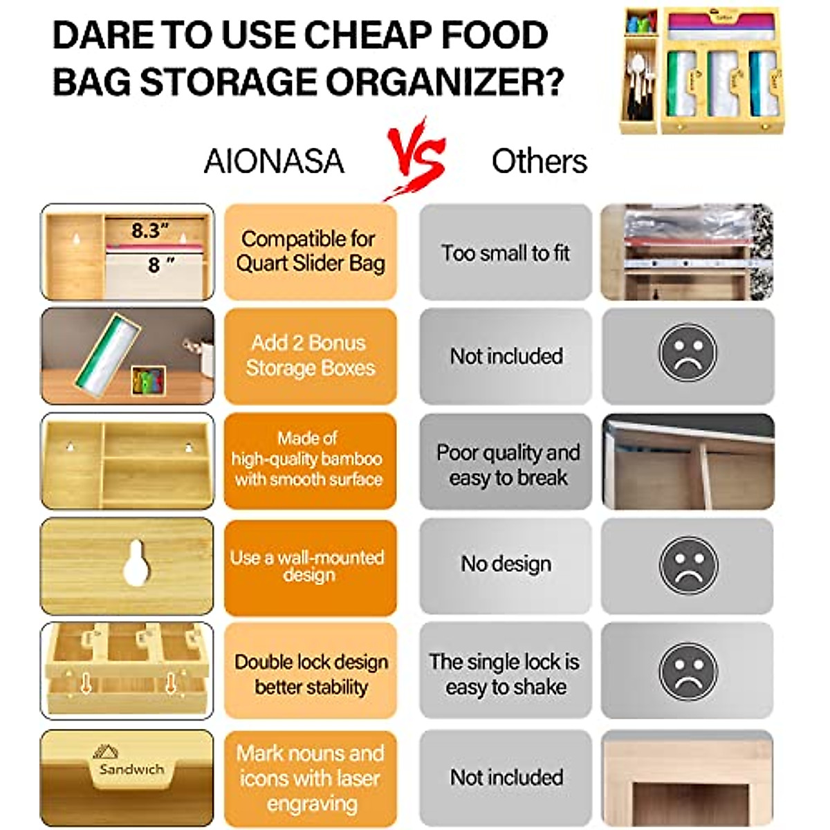 AIONASA Ziplock Bag Storage Organizer for Kitchen Drawer, Bamboo Organizer,Bamboo Plastic Bag Holder with 2 Extra Bonus Storage Boxes, Compatible with Sandwich,Gallon,Quart,Snack Plastic Bags