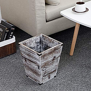Liry Products Rustic Torched Wood Square Waste Basket Farmhouse Style Recycle Bin Trash Can Decorative Metal Brackets Whitewashed Wooden Garbage Container Ash Holder Bedroom Living Room Home Office