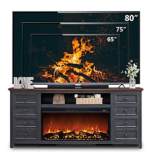 SinCiDo Fireplace TV Stand for TVs up to 80 Inches, Farmhouse Entertainment Center w/36 Electric Fireplace & 4 Faux Double Drawers, Large Media Console Cabinet for Living Room, 70 Inch, Dark Grey