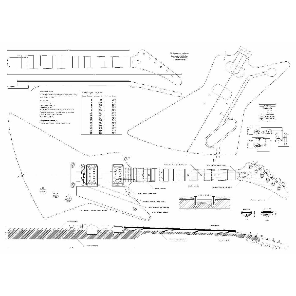 Gibson Explorer Electric Guitar Plans - Full Scale Technical Design Drawings - Actual Size