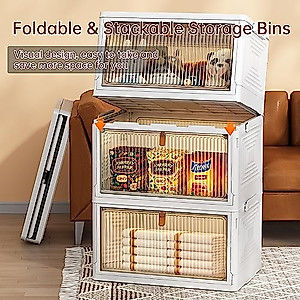 JONYJ Storage Bins with Lids 32Qt, 3 Packs Stackable Storage Bins with Wheels, Magnetic Door, Leather Handle, Plastic Storage Containers for Bedroom, Living Room, Kitchen, Bathroom (Large)