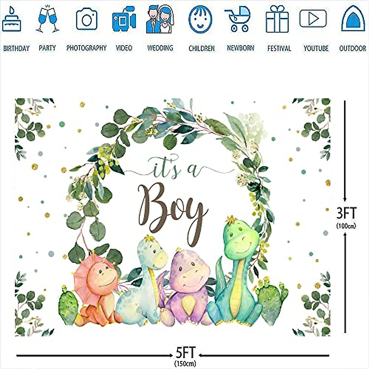5x3ft It's a Boy Backdrop Baby Shower Cartoon Dinosaur Cactus and Eucalyptus Leaves Photography Background Kids Party Supplies Cake Table Decor Banner Photobooth Props Gift Favors, Green (ELH0C430UU)