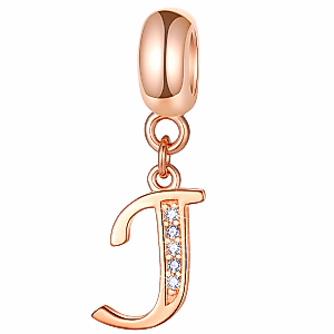 Letter J Charms Initial A-Z Alphabet Beads – Rose Gold 925 Sterling Silver Dangle CZ Birthstone fits Pandora Charm Bracelets, for Mothers Day Birthday Christmas Gifts
