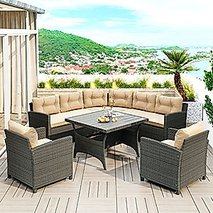 6-Piece Outdoor PE Wicker Sofa Sectional Sofa Set, Patio Rattan Dinning Set, All Weather Conversation Set with Thick Cushions and Pillows for Garden Lawn, Backyard, Poolside (Gray+Beige Cushion)