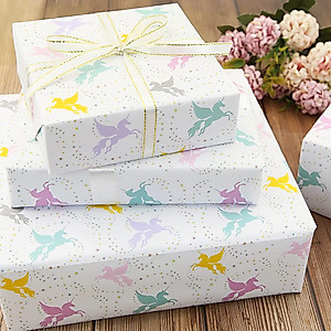 Magic Flying Unicorn Over Rainbow Star Dreams On White Wrapping Paper Sheets, Fantasy Horse With Wings and Horn Gift Wrap for Birthday Wedding Bridal Baby Shower Girl Kids, 4 Sheets Folded Flat 20x28 inches per sheet, 15 sq. ft. ttl.