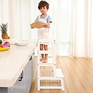 Kitchen Step Stool for Kids with Safety Rail,Solid Wood Construction Toddler Learning Stool, Montessori Toddlers Kitchen Stool Tower (White)