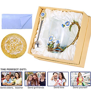 Tea Cup Glass Mug Cups, Mother's Day Gifts, Handmade Enamel Flower Coffee Cup with Spoon Set, Unique Gift Valentine's Birthday Wedding Christmas for Mom Women Grandma Teacher Friend-13 OZ Blue Tall