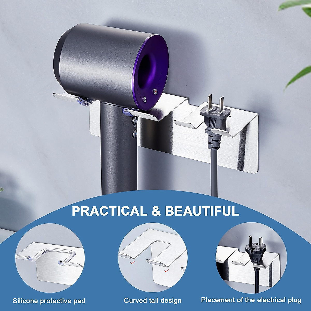 SUS 304 Stainless Steel Hair Dryer Holder Wall Mounted, Self Adhesive Hair Straightener Holder, Universal Blow Dryer Holder with Plug Hooks for Cabinet Bathroom
