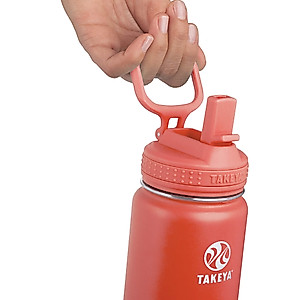 Takeya Actives Insulated Stainless Steel Water Bottle with Straw Lid, 22 Ounce, Coral
