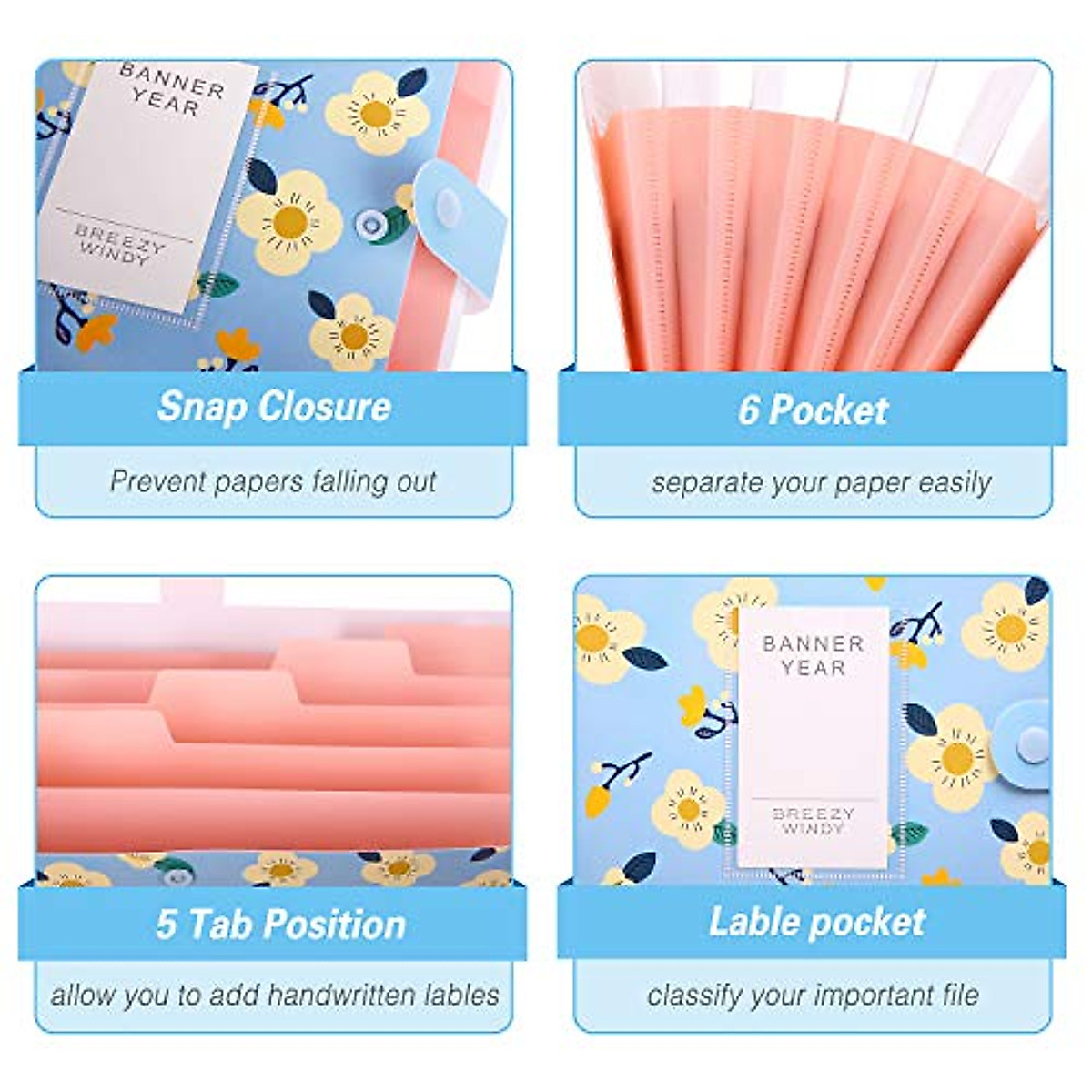 Skydue 4 Pack File Folders with 32 pcs Labels, 5 Pockets Expanding File Folder with Snap Closure A4 Letter Size Accordion Document Organizer for School and Office