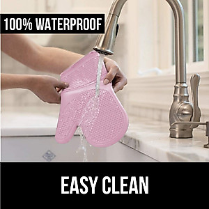GORILLA GRIP BPA-Free Soft Silicone Oven Mitts, Heat and Slip Resistant Thick Cotton Lined Cooking Mitt Set, Long Flexible Potholders Protect Hands, Kitchen Essential Waterproof Gloves, 12.5" Pink