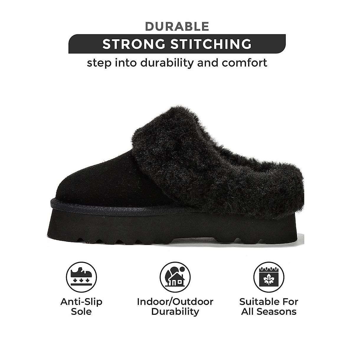 Project Cloud Genuine Suede Slippers for Women Indoor Outdoor Fuzzy Slippers - Platform Sandals Women Footwear - Memory Foam Insole Womens Sandals, Water-resistant Womens Slippers (Snowy, Black, 9)