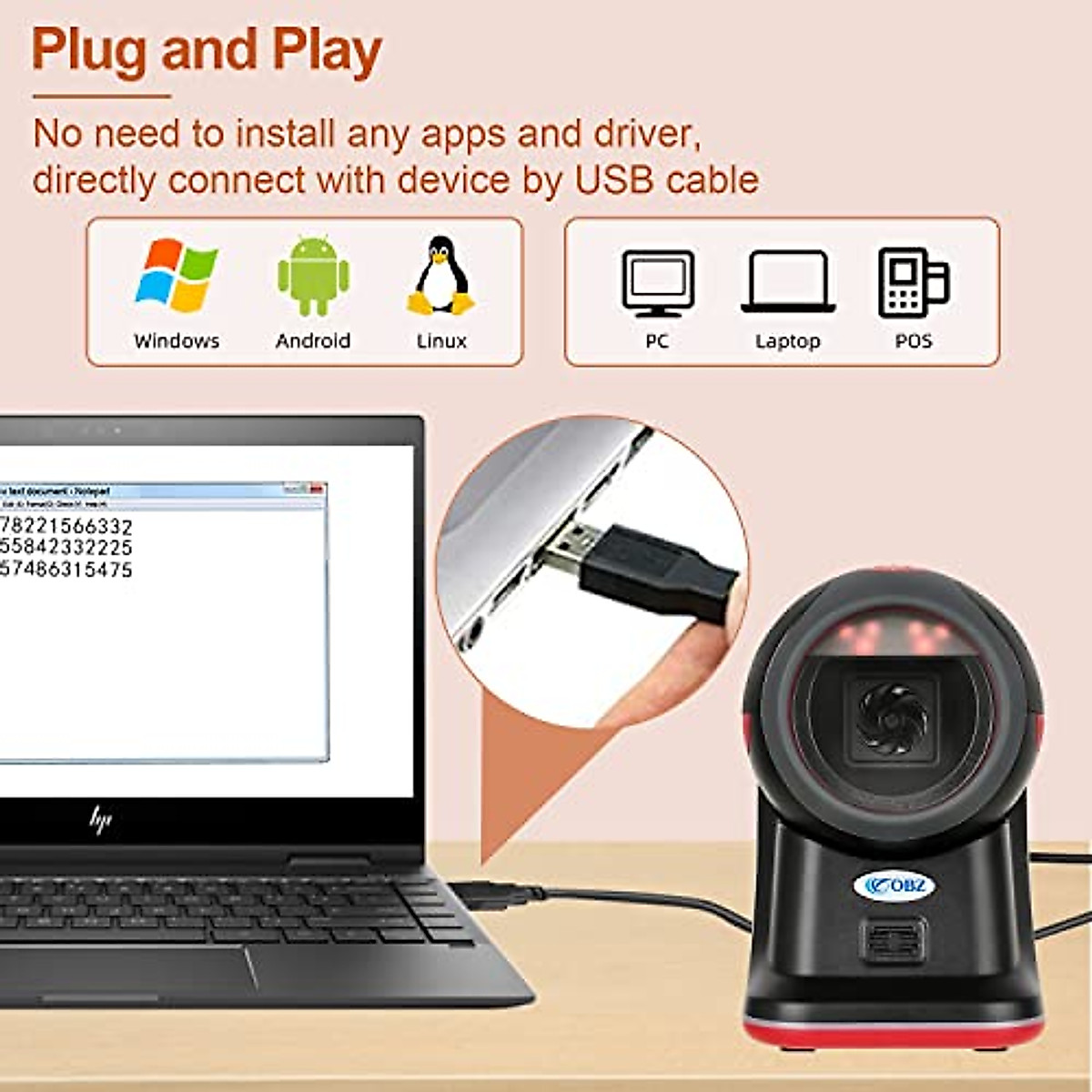 OBZ 1D 2D QR Hands-Free Barcode Scanner, Omnidirectional Automatic Sensing Scanning USB Wired Barcode Reader Adjustable Desktop Barcode Scanner for POS PC Supermarket Retail