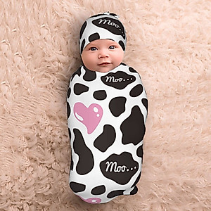 Cow Print Newborn Swaddle Blanket Baby Pink Heart Swaddle Blankets with Beanie Hat Sets Infant Gifts for Boys Girls Soft