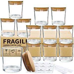 CONNOO 12Pack 10 OZ Clear Glass Candle Jars with Bamboo Lids for Making Candles, Large Size Empty Candle Tins with Wooden Lids, Bulk Clean Candle Containers - Dishwasher Safe