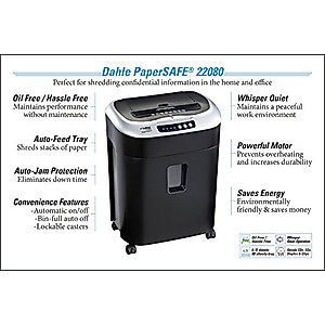 Dahle PaperSAFE 22080 Auto-Feed Paper Shredder, Oil Free, 80 Sheet Tray, Security Level P-4, Shreds CDs, Credit Cards & Paper Clips