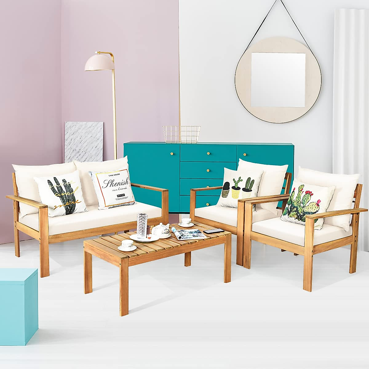 HAPPYGRILL 4 Piece Patio Furniture Set Outdoor Conversation Set Wood Sofa Table Set with Cushions, Acacia Wood Chairs & Coffee Table Set for Garden Backyard Poolside