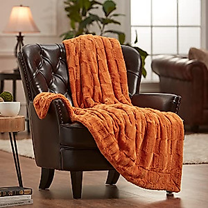 Chanasya Fuzzy Faux Fur Rectangular Embossed Throw Blanket - Super Soft and Warm Lightweight Reversible Sherpa for Couch, Home, Living Room, and Bedroom Décor (50x65 Inches) Orange