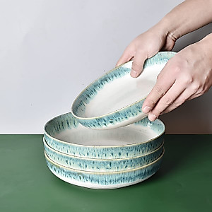 Bosmarlin Stoneware Large Pasta Bowls, 40 Oz, Set of 4, Big Salad Bowls, Microwave and Dishwasher Safe (Light Turquoise Green, 9.3 in)