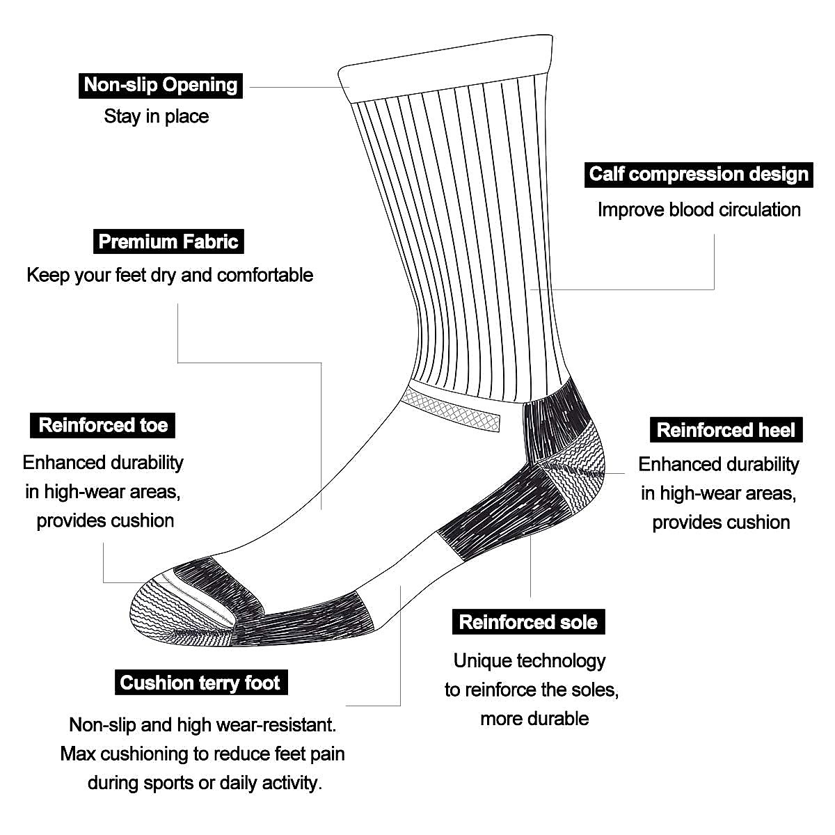 Heatuff Mens Crew Socks Moisture Wicking Max Cushion Athletic Work Socks for men (6 Pairs)
