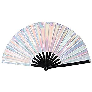 Gionforsy 1pcs Rave Hand Fan Bamboo Holding Hand Fan Large Folding Fan with Bright Color Fabric Folding Fan for Festival (1PC-Style4 Silver)
