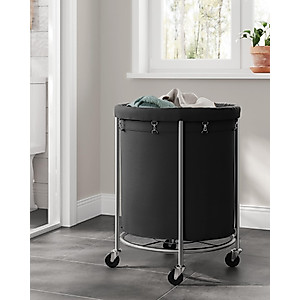 SONGMICS Laundry Basket with Wheels, Rolling Laundry Hamper, 45 Gal., Round Laundry Cart with Steel Frame and Removable Bag, 4 Casters and 2 Brakes, Black and Silver URLS001B01
